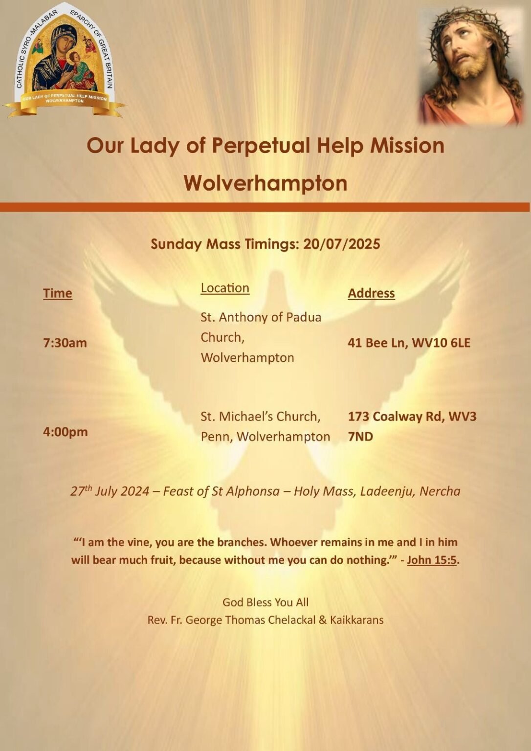 Sunday Mass Timings 20/07/2025 – Catholic Syro – Malabar – Wolverhampton